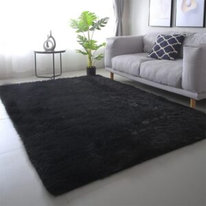 black shag area rug 9x12 - large soft living room bedroom fluffy plush rugs with rubber bcaking - indoor non-slip modern fuzzy shaggy floor carpet