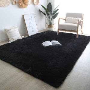 Black Shag Area Rug 9x12 - Large Soft Living Room Bedroom Fluffy Plush Rugs with Rubber Bcaking - Indoor Non-Slip Modern Fuzzy Shaggy Floor Carpet