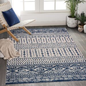 art&tuft 9x12 area rug, super soft ultra-thin moroccan washable rug, anti-slip backing area rugs 9x12 living room, foldable geometric machine washable area rug(9'x12', blue)