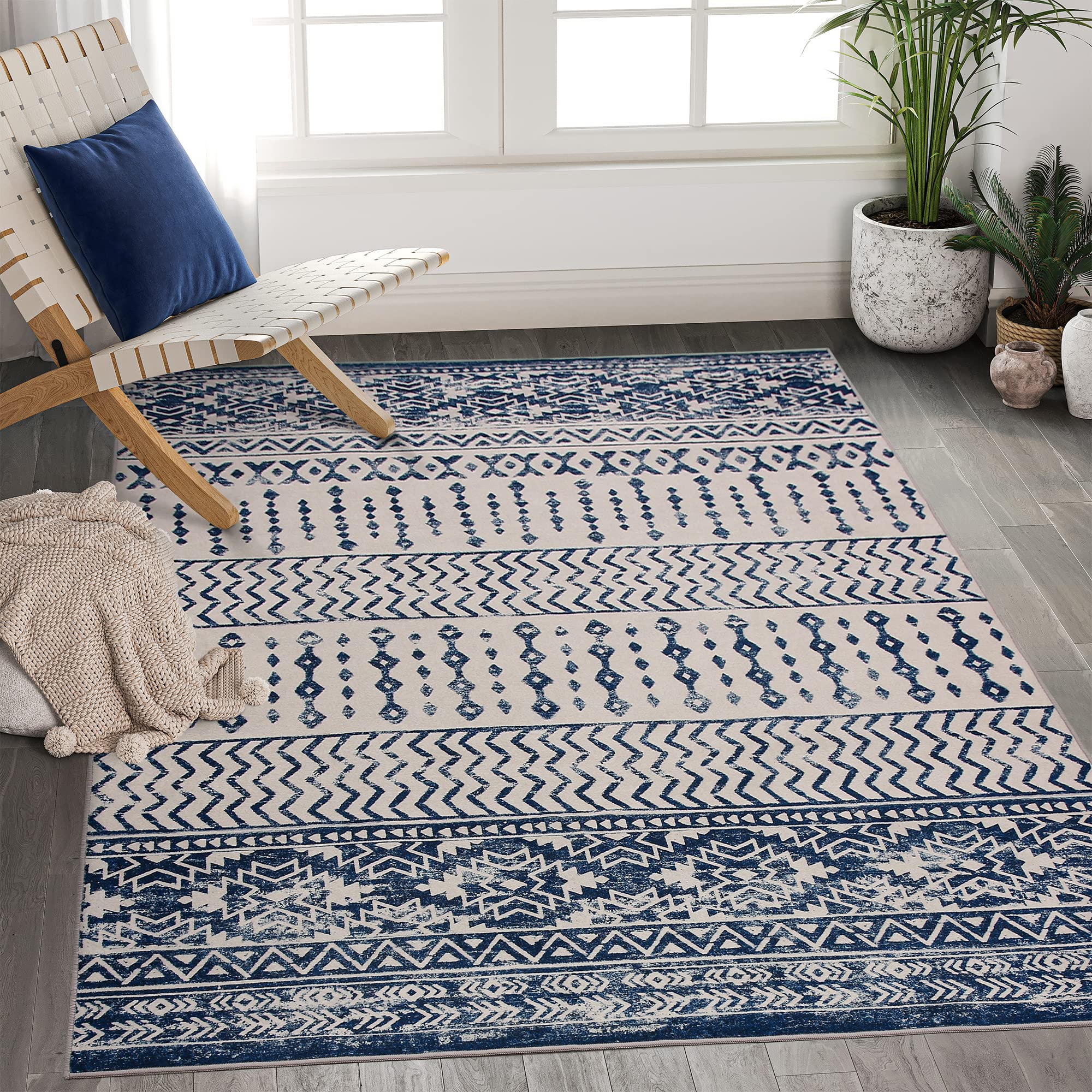 Art&Tuft 9x12 Area Rug, Super Soft Ultra-Thin Moroccan Washable Rug, Anti-Slip Backing Area Rugs 9x12 Living Room, Foldable Geometric Machine Washable Area Rug(9'x12', Blue)