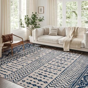 Art&Tuft 9x12 Area Rug, Super Soft Ultra-Thin Moroccan Washable Rug, Anti-Slip Backing Area Rugs 9x12 Living Room, Foldable Geometric Machine Washable Area Rug(9'x12', Blue)