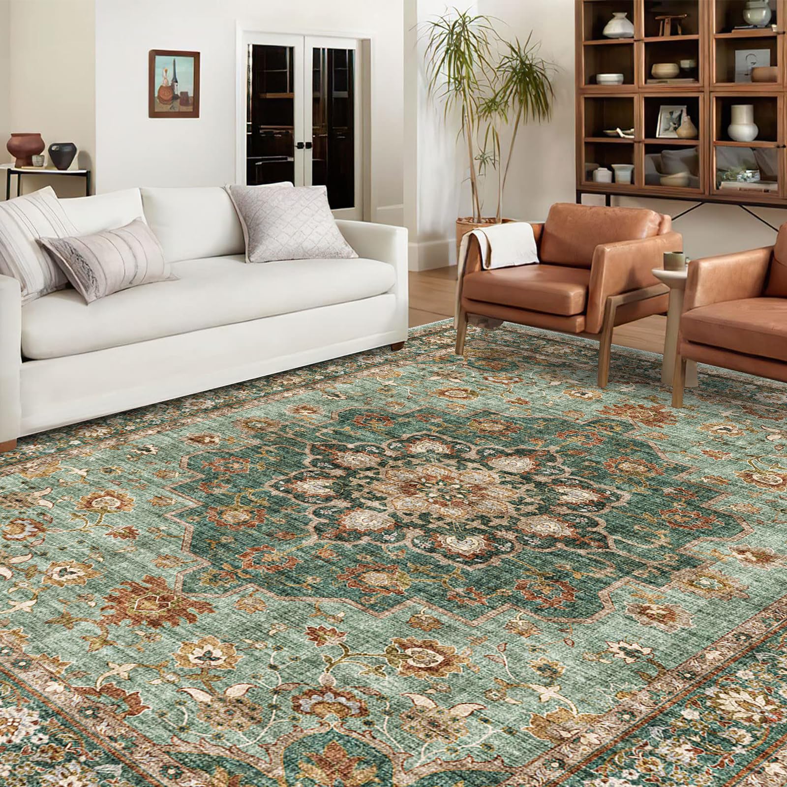 TOPRUUG Washable Oriental Area Rug - 9x12 Rugs for Living Room Soft Carpet for Bedroom Waterproof Floral Distressed Indoor Stain Resistant Non-Shedding Floor Carpets (Green, 9x12)