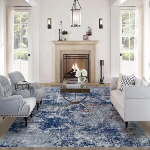 area rugs 9x12 living room: large machine washable area rug with non slip backing non shedding abstract stain resistant carpet for bedroom dining room nursery home office - blue