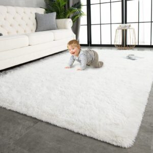 twinnis super soft shaggy rugs fluffy carpets 8x10 feet, indoor modern plush area rugs for living room bedroom kid room nursery home decor, upgrade anti-skid rectangular fuzzy rug, cream white