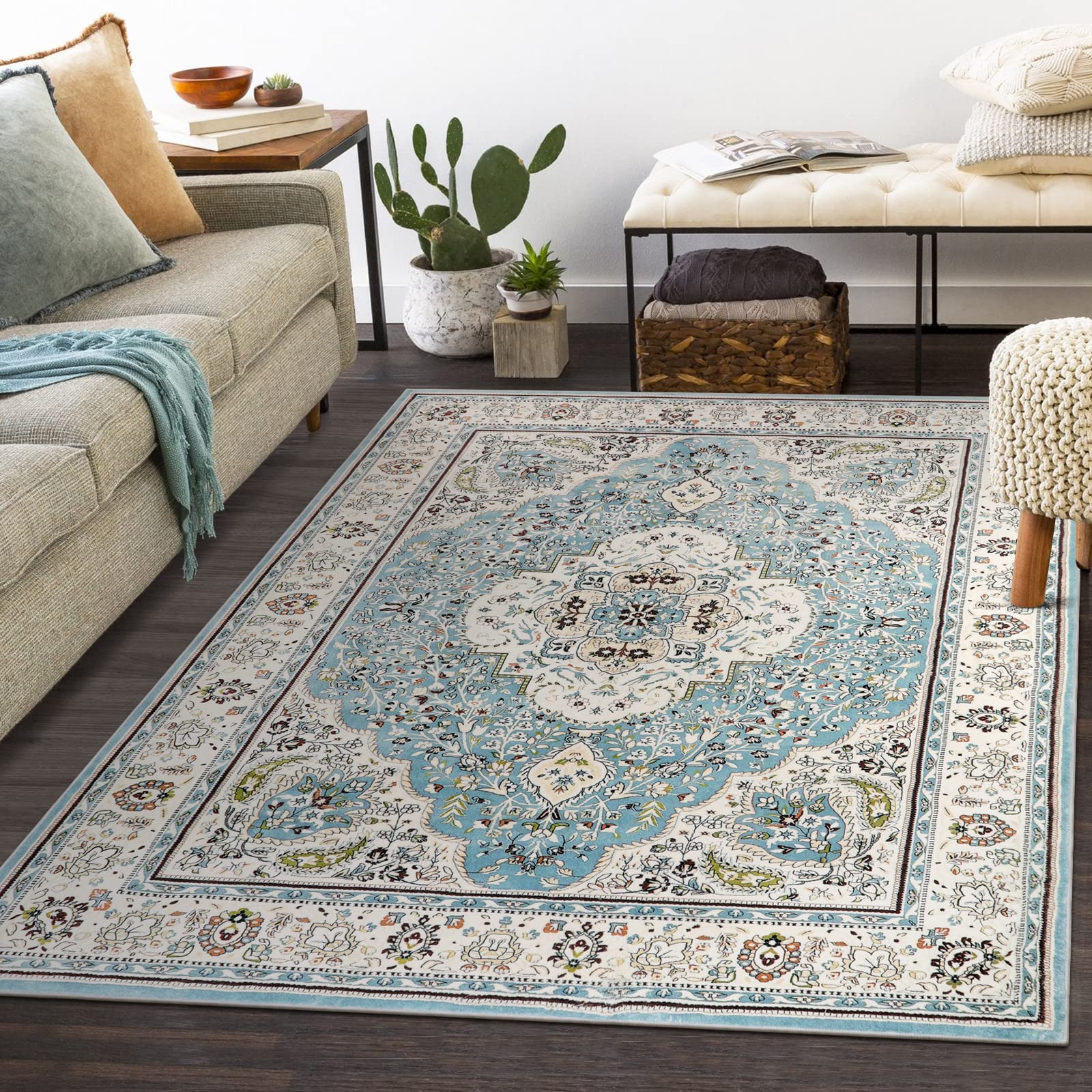 Lahome Floral Medallion Area Rug - 9x12 Large Living Room Rugs Soft Bedroom Rugs, Turkish Printed Non Slip Low Pile Indoor Throw Carpet for Dining Room Playroom Basement, Sky/Baby Blue