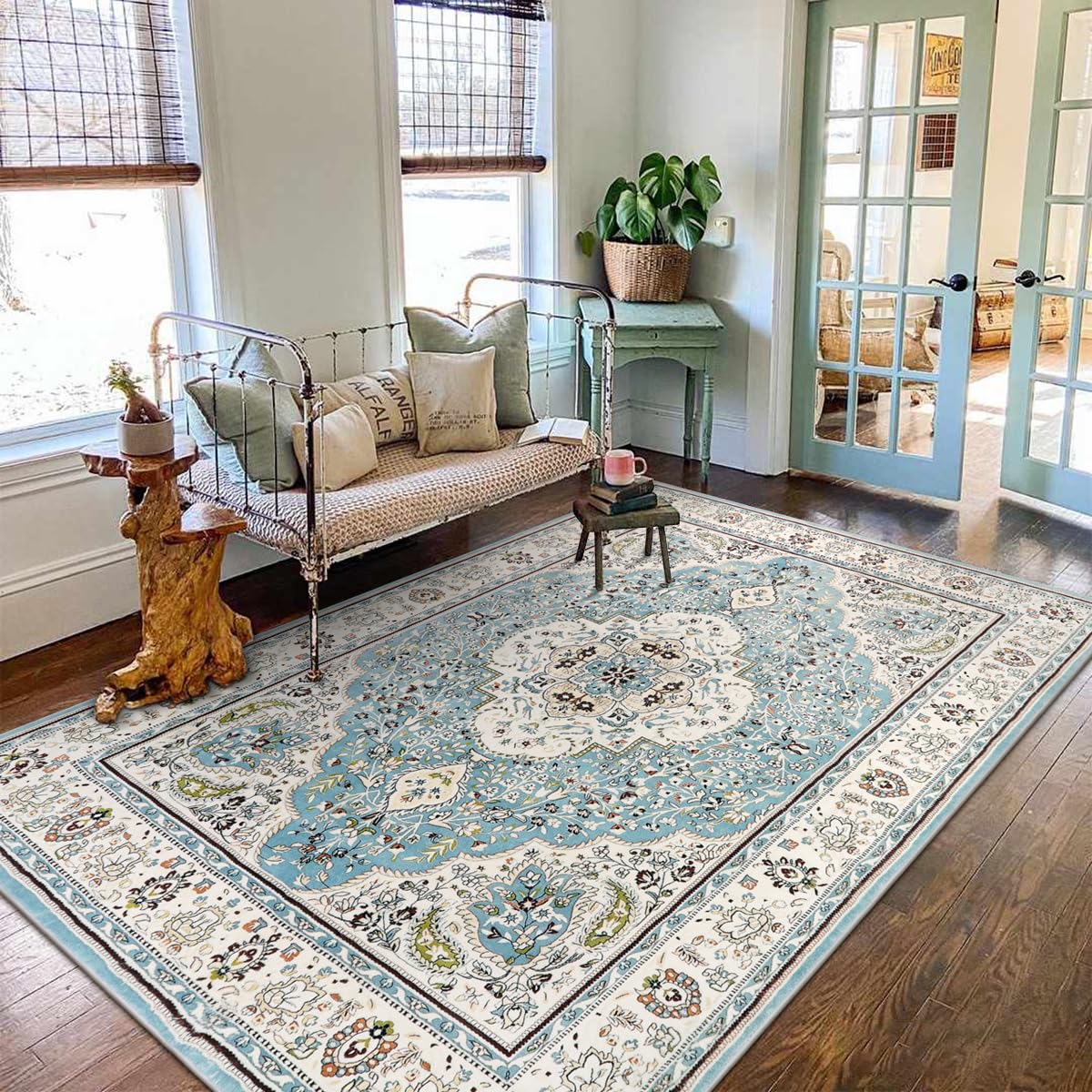 Lahome Floral Medallion Area Rug - 9x12 Large Living Room Rugs Soft Bedroom Rugs, Turkish Printed Non Slip Low Pile Indoor Throw Carpet for Dining Room Playroom Basement, Sky/Baby Blue