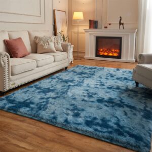 arbosofe area rugs for living room bedroom, 9x12 ft tie dyed blue fluffy fuzzy shag small carpet soft plush furry clearance rug, cute rugs for nursery, playroom, kids and girls room