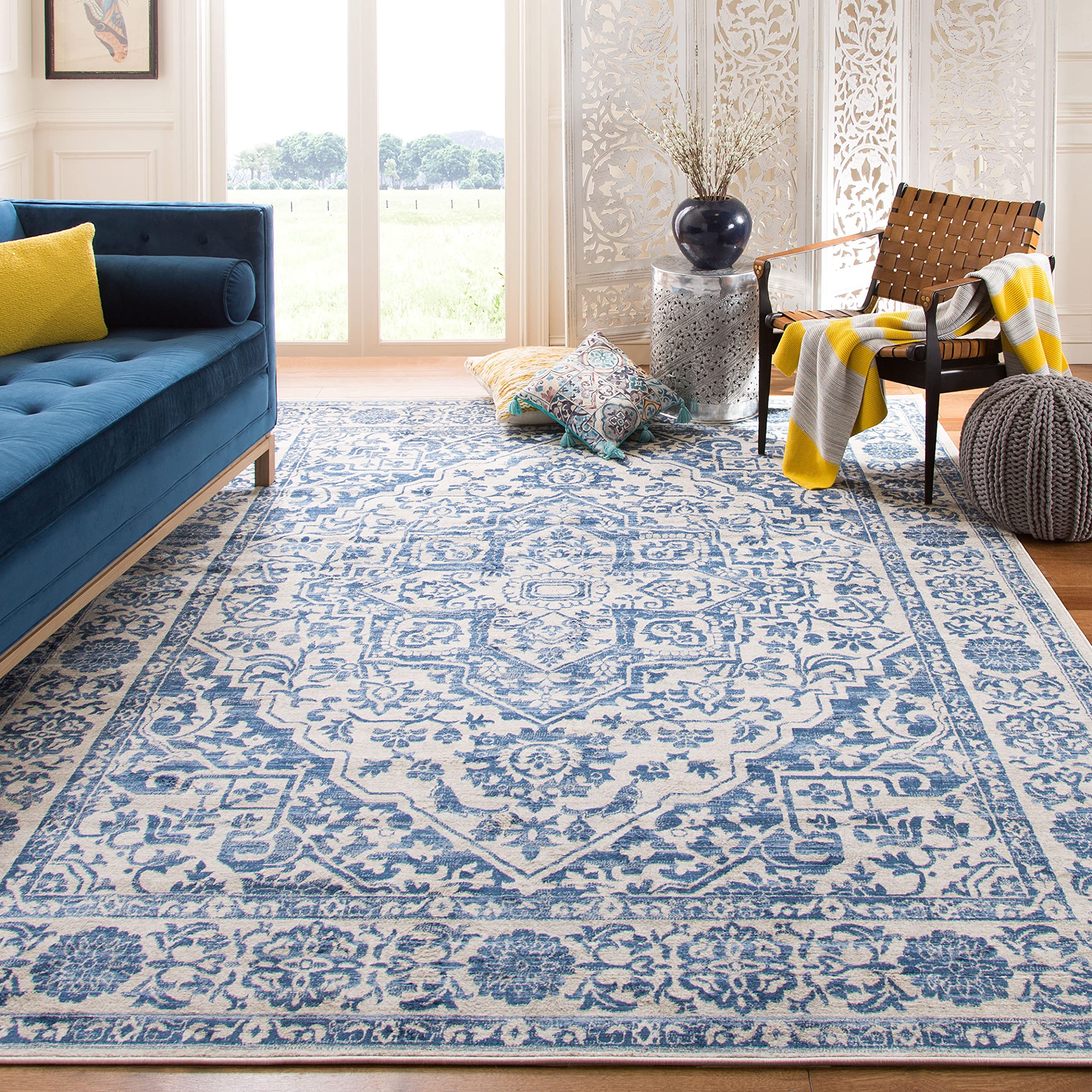 SAFAVIEH Brentwood Collection Area Rug - 9' x 12', Navy & Light Grey, Medallion Distressed Design, Non-Shedding & Easy Care, Ideal for High Traffic Areas in Living Room, Bedroom (BNT832M)