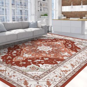 homfine area rug 9x12 - soft low-pile washable rug with non-slip backing, orange plant floral pattern vintage rug for living room bedroom dining home office