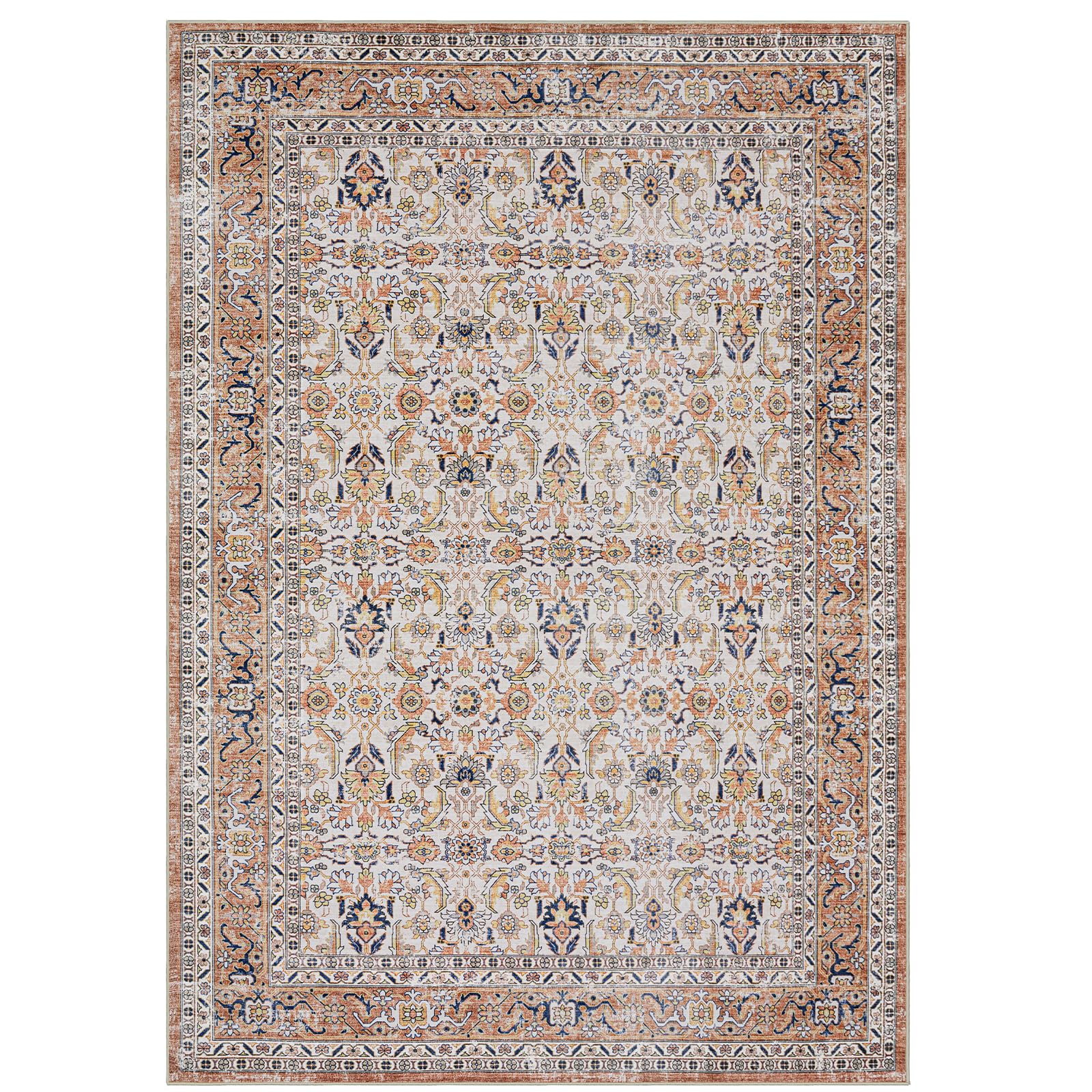 Area Rugs for Living Room Bedroom: 9x12 Rug Machine Washable with Non-Slip Backing Non-Shedding Stain Resistant, Boho Floral Large Carpet for Dining Room Nursery Home Office Indoor (Blue/Brown)