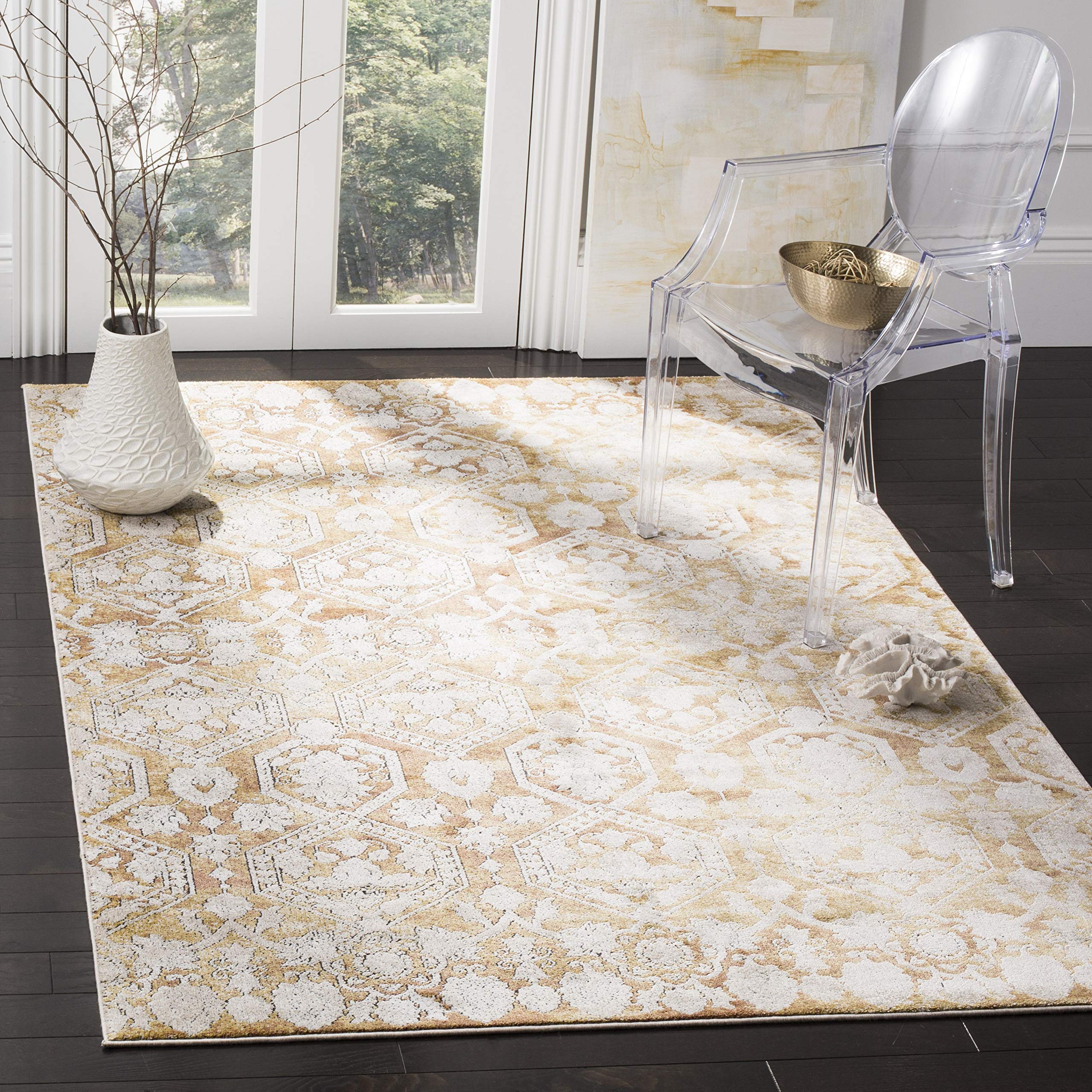 SAFAVIEH Palermo Collection Area Rug - 9' x 12', Gold & Beige, Oriental Vintage Distressed Viscose Design, Ideal for High Traffic Areas in Living Room, Bedroom (PLM846G)