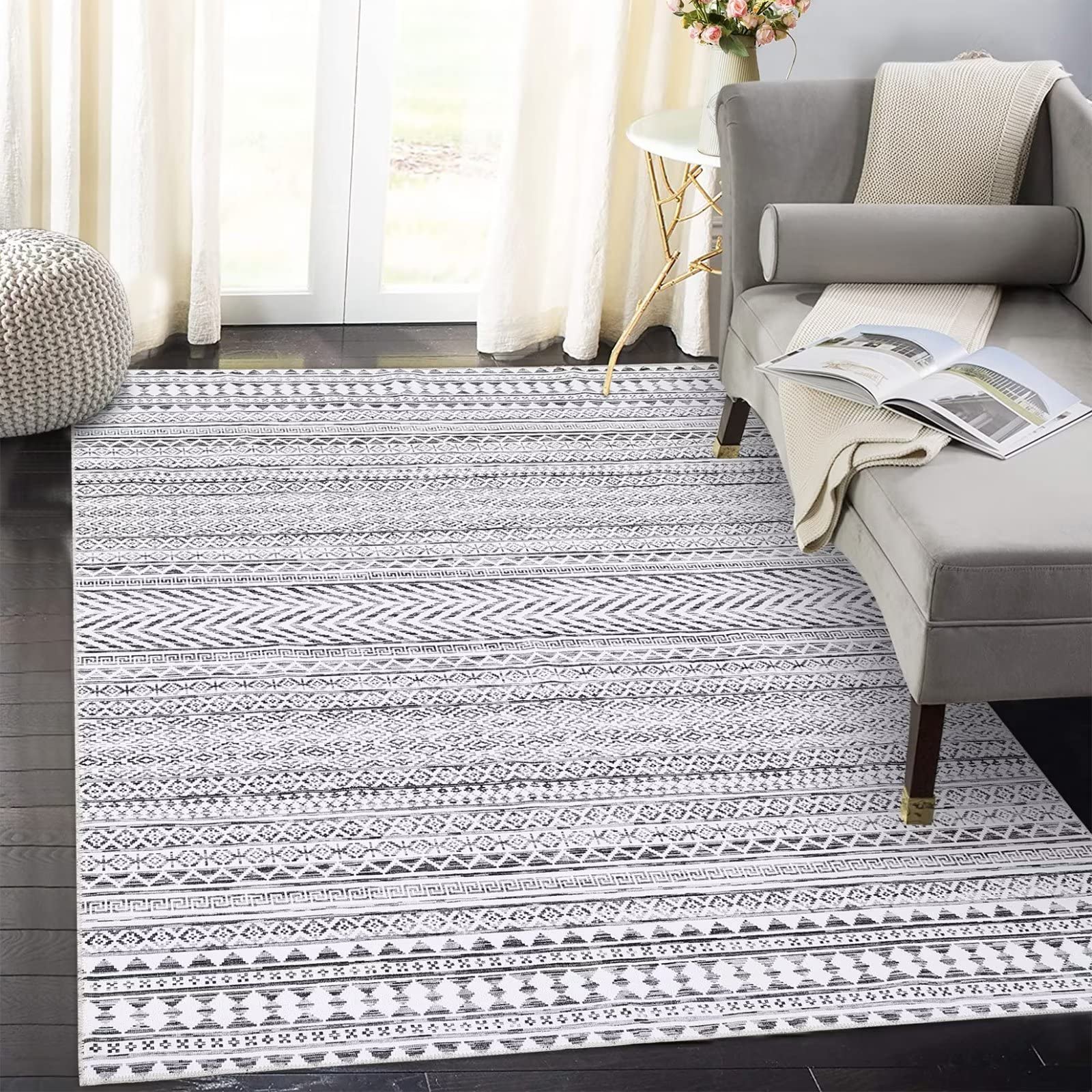 COZYLOOM Large Area Rug 9x12 Modern Geometric Floor Cover Non-Slip Washable Living Room Rug Boho Indoor Non-Shedding Area Rug Bedroom Home Office Kitchen Dining Room Throw Carpet Light Grey