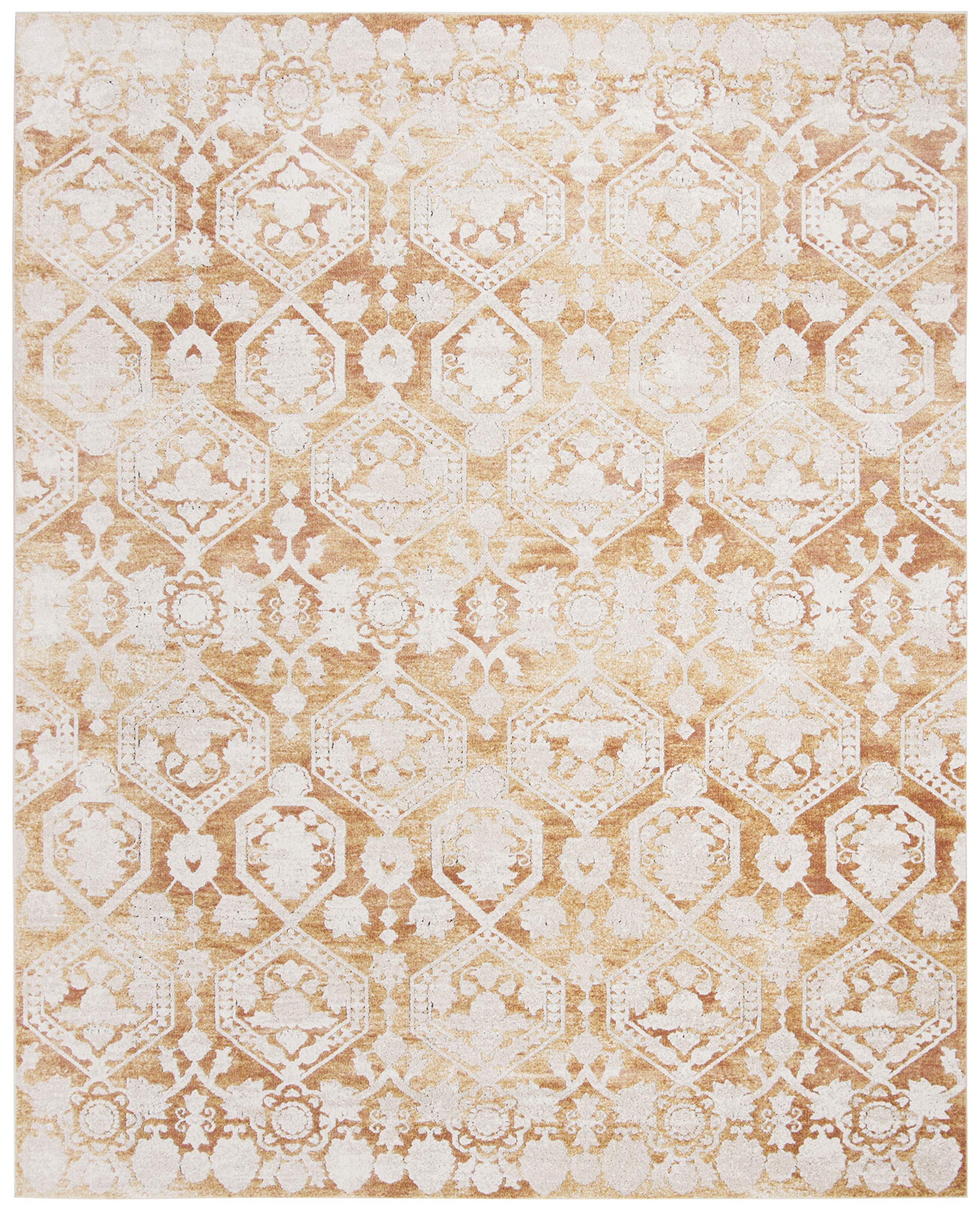 SAFAVIEH Palermo Collection Area Rug - 9' x 12', Gold & Beige, Oriental Vintage Distressed Viscose Design, Ideal for High Traffic Areas in Living Room, Bedroom (PLM846G)