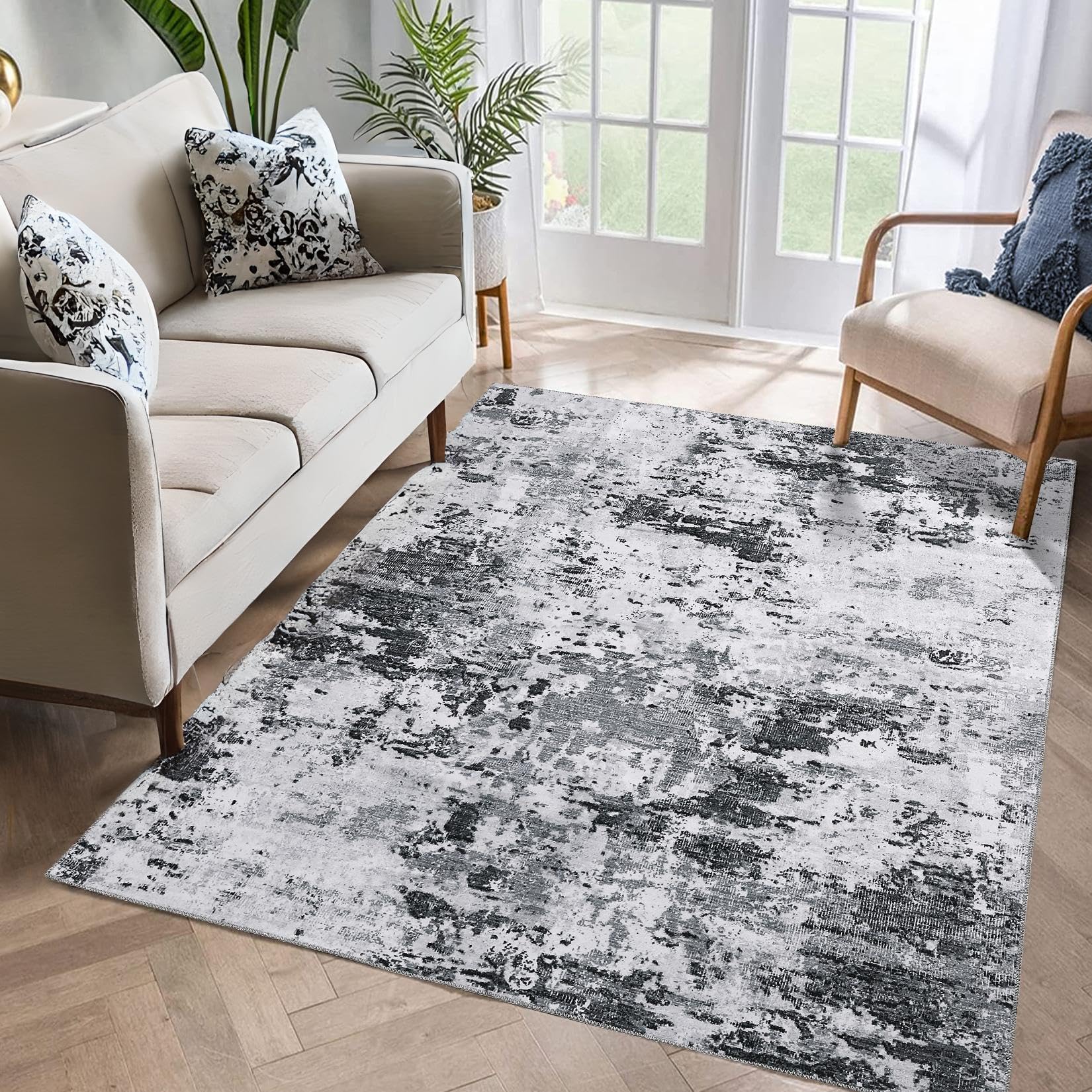 Zacoo Washable Rugs 9x12 Rug Abstract Blue Printed Rug Low Pile Large Area Rug Modern Rug Abstract Distressed Floor Mat Non Slip Area Rugs Living Room Bedroom, Grey