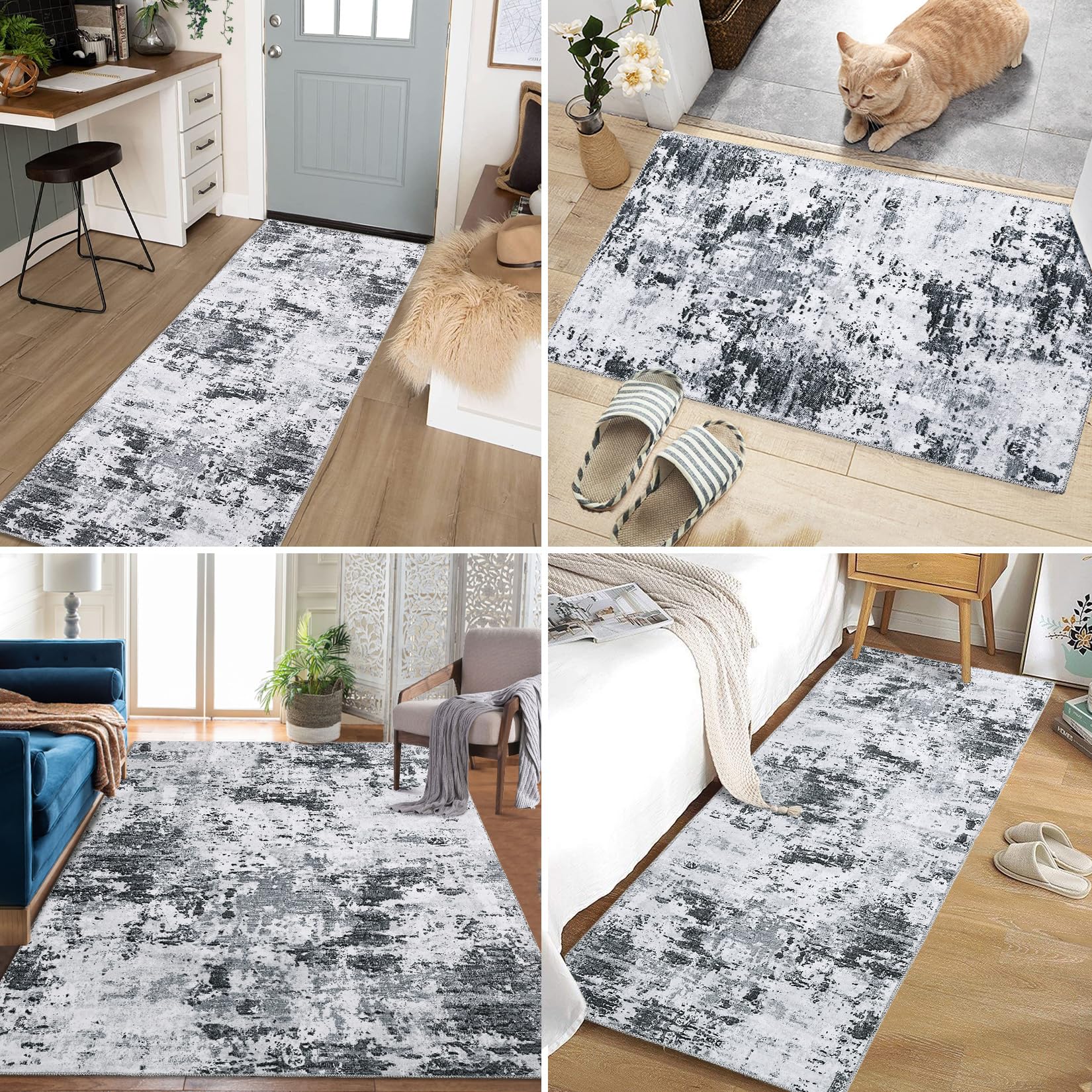 Zacoo Washable Rugs 9x12 Rug Abstract Blue Printed Rug Low Pile Large Area Rug Modern Rug Abstract Distressed Floor Mat Non Slip Area Rugs Living Room Bedroom, Grey