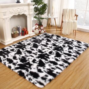 zacoo 9x12 rug shag rug for living room shaggy rug kids rug plush rug cow printed carpet bedroom fluffy rug bedside rug soft rug non skid rug modern area rug large, black/white 9'x12'