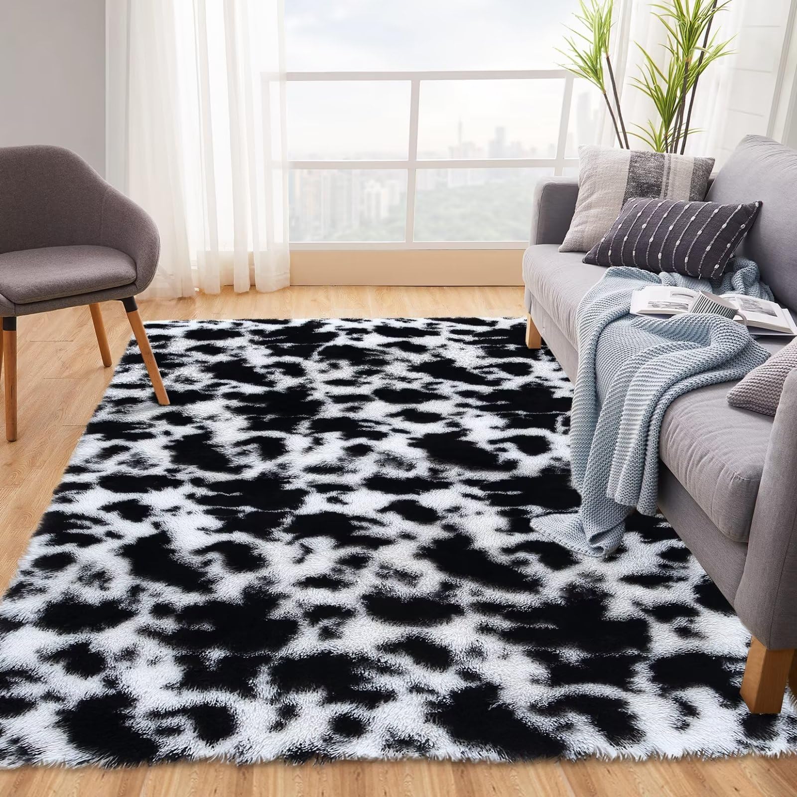 COZYLOOM Area Rug 9x12 Soft Fluffy Rainbow Kids Rug Luxury Fuzzy Shag Rug for Girls Room Bedroom Modern Indoor Plush Thick Non-Slip Shaggy Rug for Living Room Nursery Cute Throw Carpet Black White