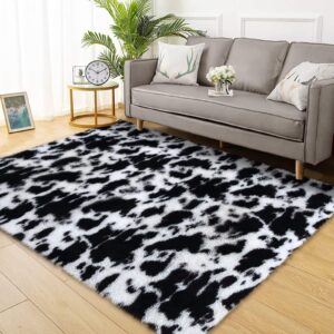 COZYLOOM Area Rug 9x12 Soft Fluffy Rainbow Kids Rug Luxury Fuzzy Shag Rug for Girls Room Bedroom Modern Indoor Plush Thick Non-Slip Shaggy Rug for Living Room Nursery Cute Throw Carpet Black White