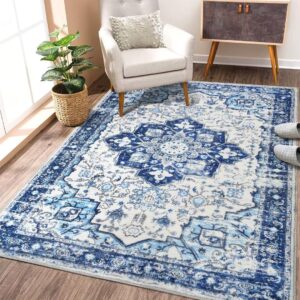 gaomon area rug 9x12 medallion distressed rug washable rugs vintage medallion floral rugs indoor soft floor cover low pile non-shedding carpet non slip backing living room bedroom foldable rug, blue