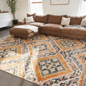 bestsweetie 9x12 area rugs, washable 9x12 rug, non slip floor carpet, low pile water repellent,ultra soft moroccan rugs for living room bedroom indoor-orange/brown