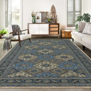 cozyloom 9x12 area rug vintage floral rug oriental distressed floor carpet indoor plush throw carpet for living room bedroom home office low pile aesthetic rug non-slip fuzzy shag rug blue