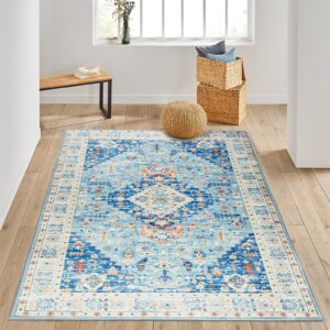 BESTSWEETIE Area Rug 9x12 Rugs for Living Room 9 x 12 Washable Rugs Non Slip Vintage Boho Living Room Rugs for Bedroom Dining Room, Distressed Pattern Carpet, Blue Multi