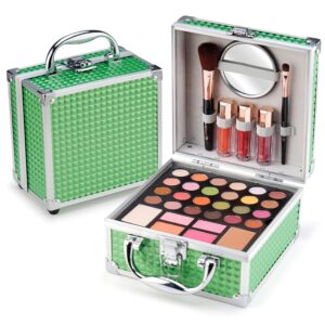 color nymph beginner makeup kit for teens with the small cosmetic train case included 24-colors eyeshadow palette blushes bronzer highlighter lipstick brushes mirror(green)