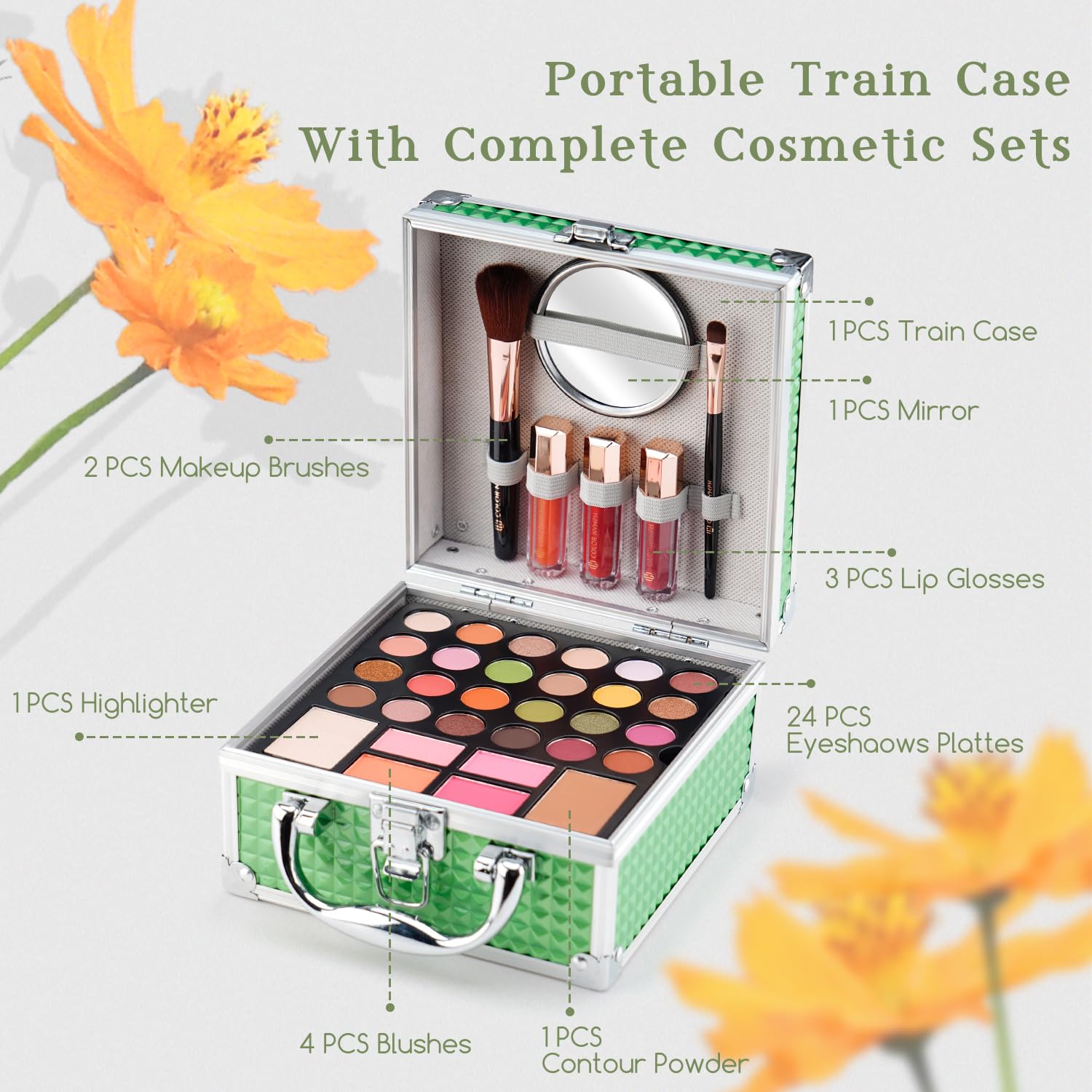 Color Nymph Beginner Makeup Kit For Teens With The Small Cosmetic Train Case Included 24-Colors Eyeshadow Palette Blushes Bronzer Highlighter Lipstick Brushes Mirror(Green)