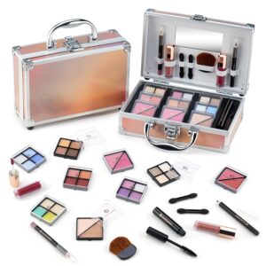 color nymph beginner makeup kits for teens with train case included full makeup kit eyeshadow palette blushes bronzer highlighter lipstick brushes mirror（gold）