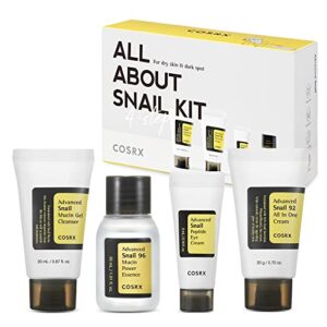 cosrx all about snail korean skincare | tsa approved travel size, gift set with face gel cleanser, essence, cream & eye-cream, repairing, recovering, rejuvenating kit with snail mucin, korean skincare