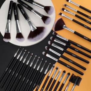 Makeup Brush Set, SOLVE 32 Pieces Professional Makeup Brushes Wooden Handle Cosmetics Brushes Foundation Concealer Powder Face Eye Make up Brushes Kit, Black