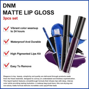 evpct 3Pcs Dark Blue Black Purple Matte Lip Liner and Liquid Lipstick Stain Makeup Set Long Lasting Smudge Proof Dnm Permanent Lipstick 24 Hours Original 24h Lip Liner