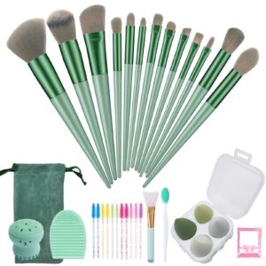 muhuabeuaty 23 pcs makeup brushes set with beauty blender, foundation brush eyeshadow concealers powder brushes, 4 pcs boxed makeup sponges for professional makeup kits (middle size, green)