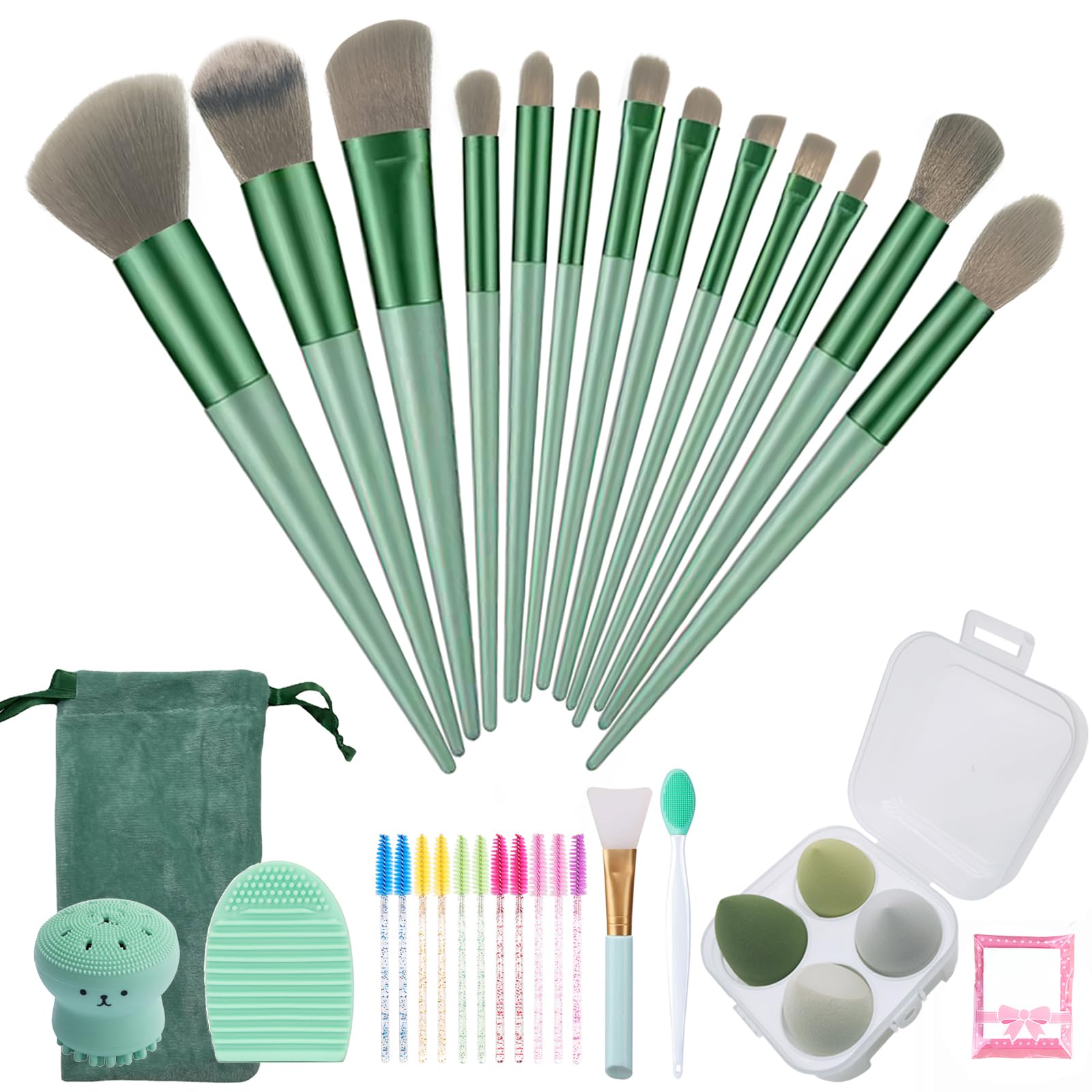 Muhuabeuaty 23 pcs Makeup Brushes Set with Beauty Blender, Foundation Brush Eyeshadow Concealers Powder Brushes, 4 pcs Boxed Makeup Sponges for Professional Makeup Kits (Middle Size, Green)