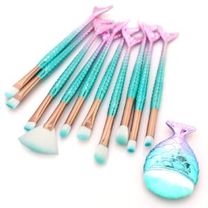 11PCS Makeup Brushes Set with Colorful Fish Tail Handle, Foundation Eyebrow Eyeliner Blush Cosmetic Concealer Brushes Women Christmas Gift Ideas Stocking Stuffers for Girls Kids Cute Make Up Tool Set