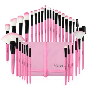 yuwaku pink makeup brush set, 32pcs premium synthetic brushes, kabuki foundation brush blending face powder blush concealers eye shadows cosmetic brushes kit with nylon bag