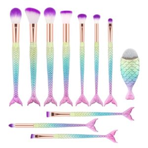 makeup brush set 11pcs, premium synthetic mermaid make up brushes for blush highlight concealer fan cute cosmetic brushes collection