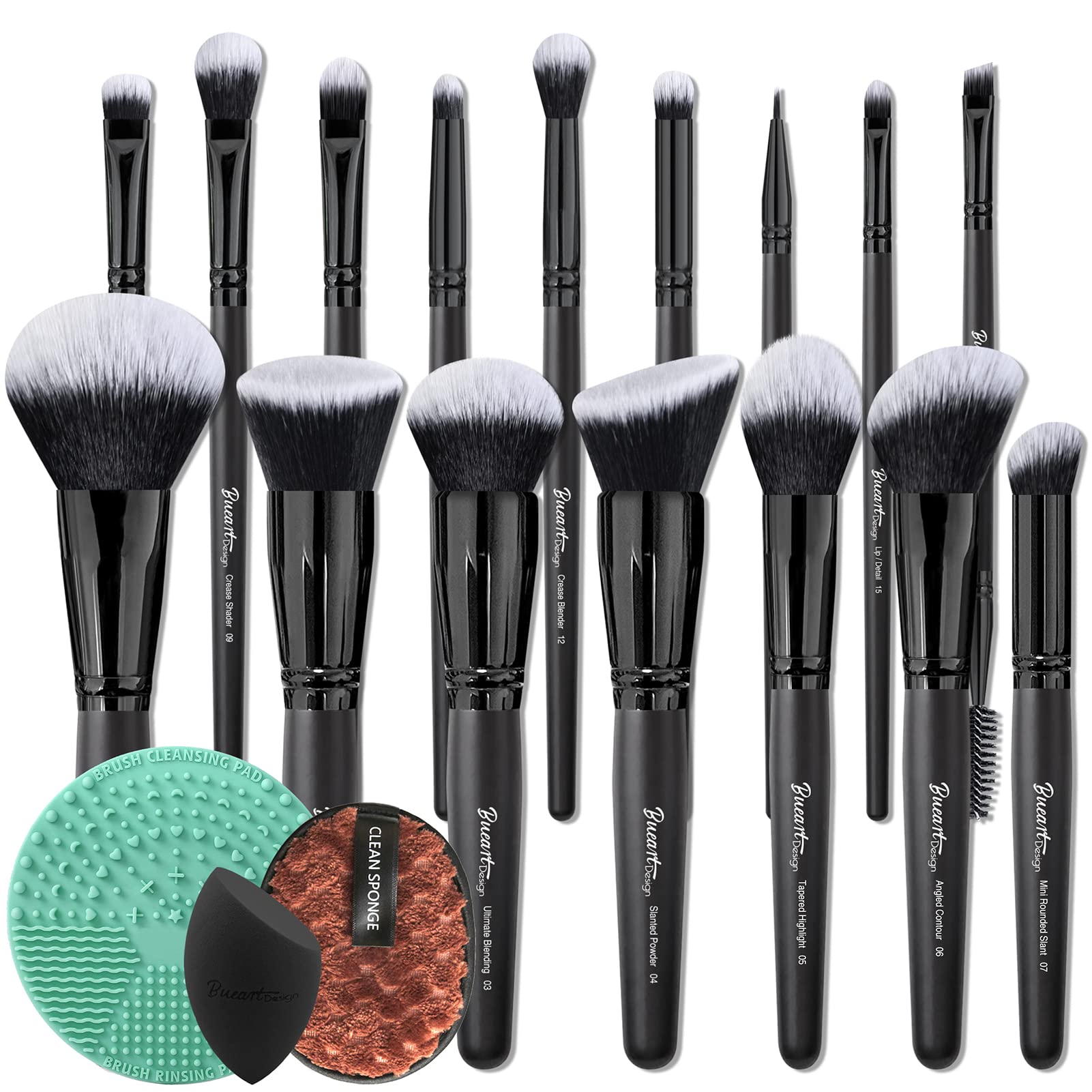 Bueart Design 19Pcs Black labeled Makeup Brushes set Contains brush cleaning mat Beauty Sponge, Makeup Remover Pads, Foundation Face Contour Brush set for Blending Blush Concealers Eyeshadow