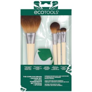 ecotools core five makeup brush and sponge kit, for eyeshadow, blush, bronzer, eyeliner, & foundation, makeup blending sponge for liquid & cream products, essential eco friendly brushes, 5 piece set