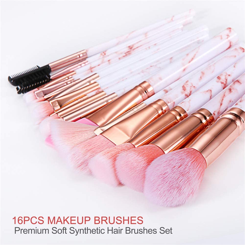 Makeup Brushes Set DUAIU 16PCS Marble Make up Brushes Foundation Eyeshadow Concealer Eyebrow Blush Face Mask Brush Set With Gift Box Make Up Tool（Pink)