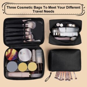 MAANGE Makeup Bag - Large Cosmetic Bag with 2pcs Small Makeup Bags Portable Leather Travel Makeup Bag Set Toiletry Bag Make Up Bags for Women and Girls (Black)