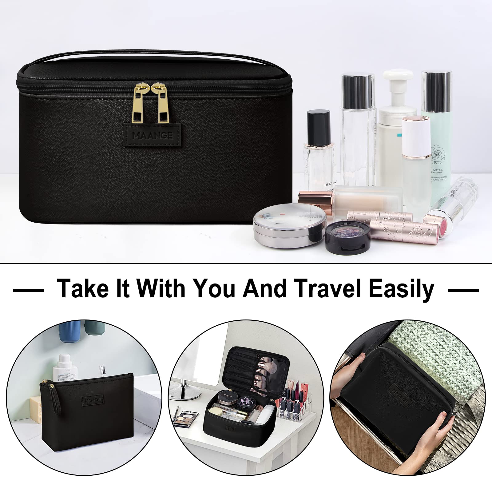 MAANGE Makeup Bag - Large Cosmetic Bag with 2pcs Small Makeup Bags Portable Leather Travel Makeup Bag Set Toiletry Bag Make Up Bags for Women and Girls (Black)