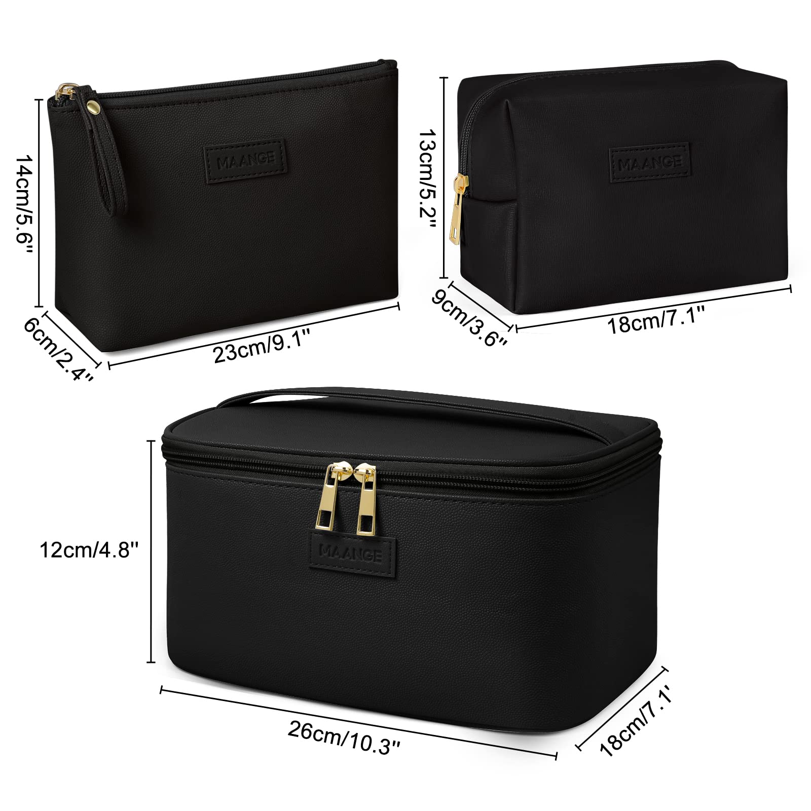 MAANGE Makeup Bag - Large Cosmetic Bag with 2pcs Small Makeup Bags Portable Leather Travel Makeup Bag Set Toiletry Bag Make Up Bags for Women and Girls (Black)