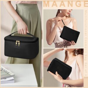 MAANGE Makeup Bag - Large Cosmetic Bag with 2pcs Small Makeup Bags Portable Leather Travel Makeup Bag Set Toiletry Bag Make Up Bags for Women and Girls (Black)