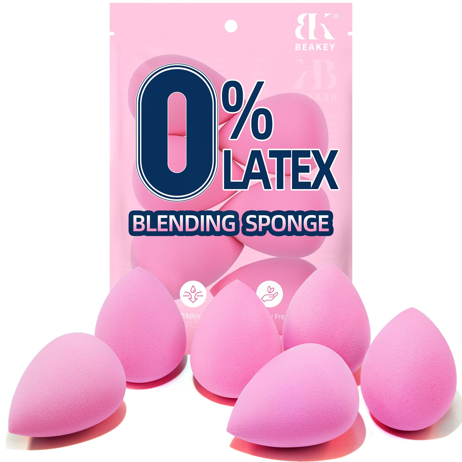 BEAKEY Makeup Sponge Set of 6, Makeup Sponges for Foundation, Liquid, Cream and Powder, Pink Beauty Sponge for Blending, 0 Latex Blender, Ideal Gifts