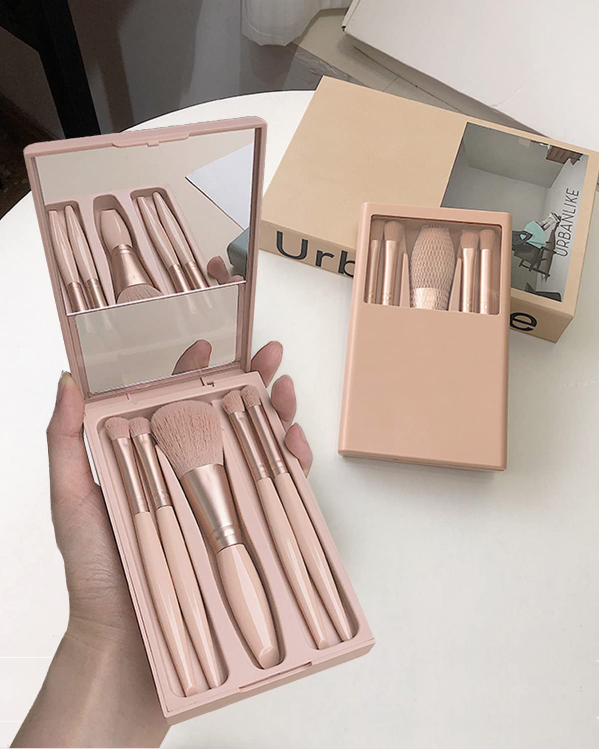 Travel Size Makeup Brushes Set, Easy-taken Mini Makeup Brush Set with Case and Mirror, Small Complete Function Cosmetic Brushes Kit Perfect for On The Go (Apricot)