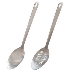 iocbyhz cooking spoon set, 2pcs 14.7" stainless steel large serving spoons, solid spoon & slotted spoon for restaurant, large metal tablespoon, basting spoon perforated spoon metal kitchen utensils