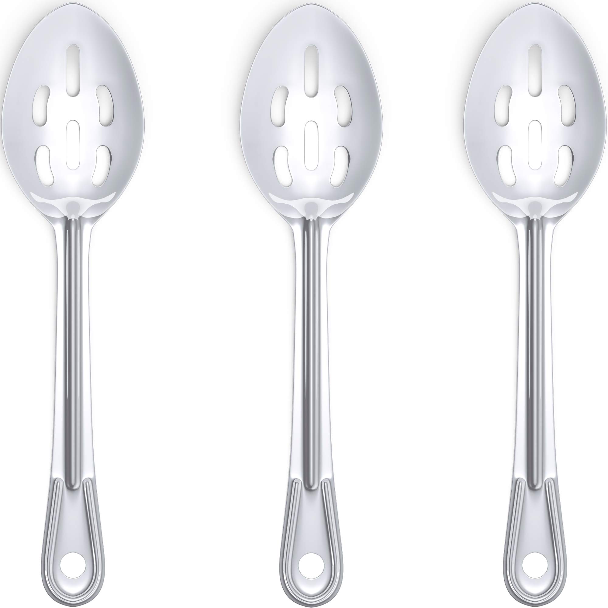 Super Strong, Ergonomic 11 in Serving Spoon 3 Pk. Big, Slotted Stainless Steel Spoons for Cooking, Baking and Basting. Best Kitchen Flatware for Buffet and Banquet Service in Restaurants and Homes