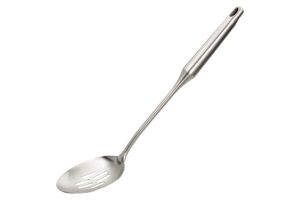 stainless steel slotted cooking spoon, large metal chef strainer utensil for cooking, serving, and mixing, the #1 dishwasher safe kitchen tool, 15" long spoon with holes