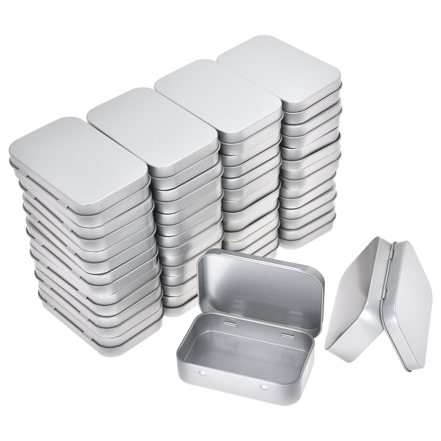 Aybloom Metal Rectangular Empty Hinged Tins - 30 Pack Silver Mini Portable Box Containers Small Storage Kit & Home Organizer